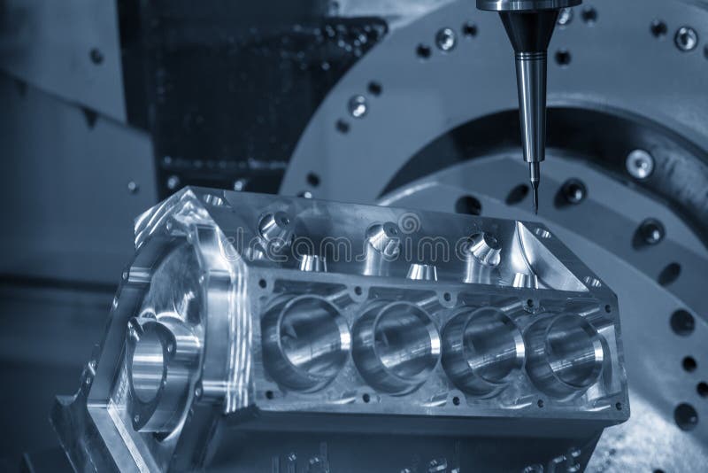 The 5-axis Machining Center Cutting the V8-engine Cylinder Block. Stock ...