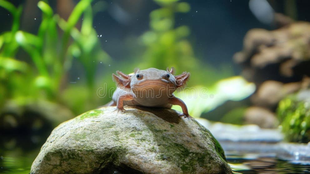 Axolotl Sits on Rock in Aquarium Stock Illustration - Illustration of ...