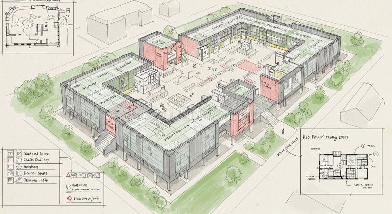 Axonometric Architectural Sketch of a Modern School Building. the L ...