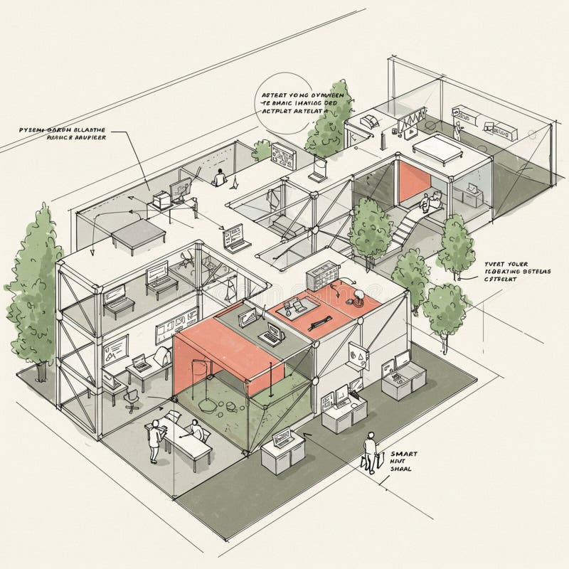 Axonometric Drawing of a Modern Office Layout Featuring Multiple Open ...