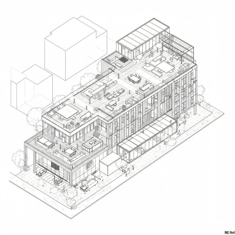 Axonometric Drawing of a Multi-story Office Building with a Modern ...