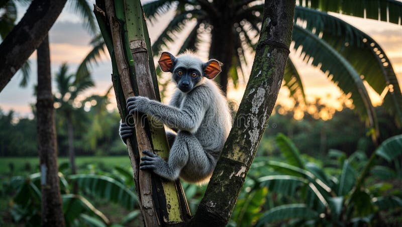 Aye-aye Climbing Tree beside Banana Grove at Twilight Stock ...