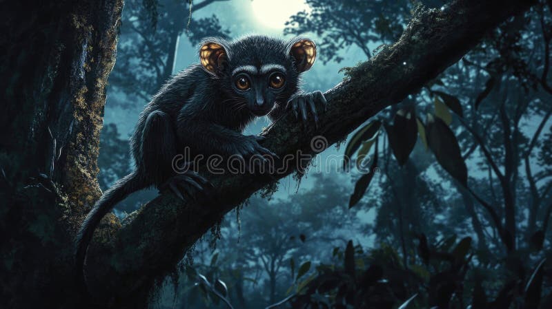 Aye-aye Climbing a Tree at Night, Illuminated by Moonlight in a Dense ...