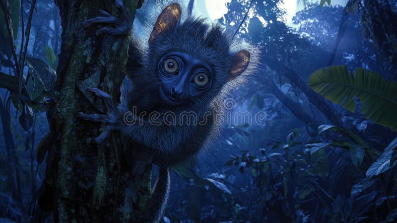 Aye-aye Climbing a Tree at Night, Illuminated by Moonlight in a Dense ...