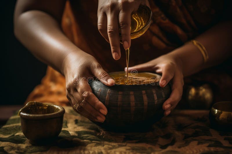 An Ayurvedic Abhyanga Massage In Progress Showing Hands Rhythmically Prepare Herbal Oils To A