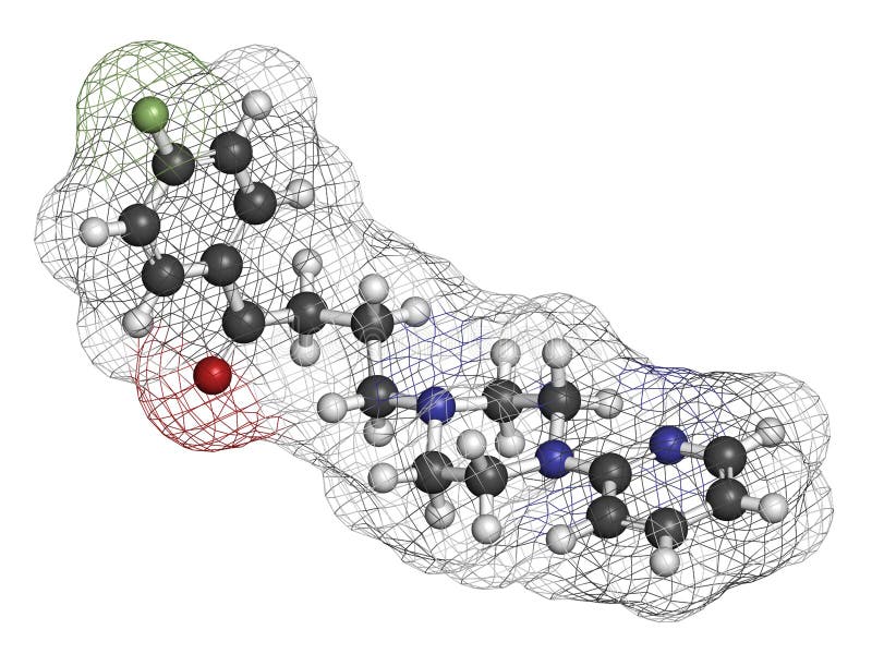 Azaperone Antipsychotic Drug Molecule. 3D Rendering. Atoms are ...