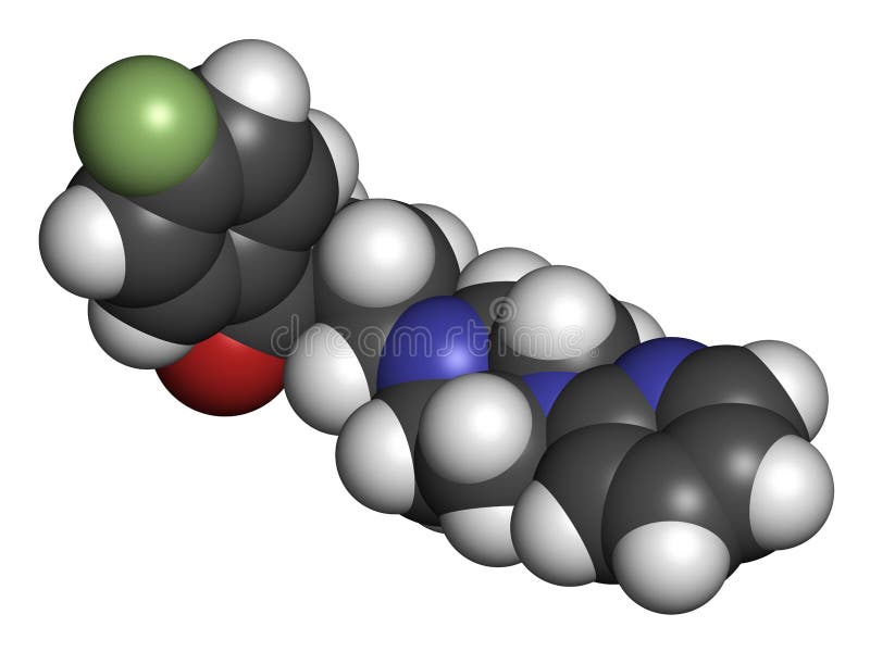 Azaperone Antipsychotic Drug Molecule. 3D Rendering. Atoms are ...