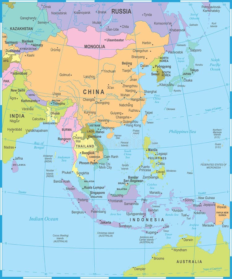 Azja - Mapa - Ilustracja Barwiony I Siatko Ilustracja Wektor ...