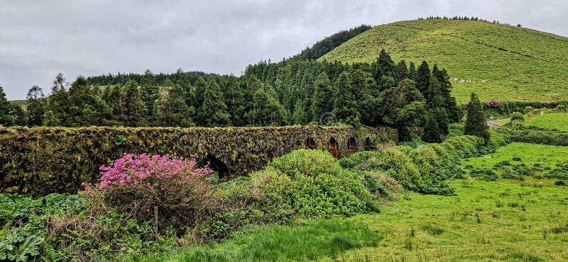Azores Aqueduct in the Spring with Green Meadows Stock Image - Image of ...