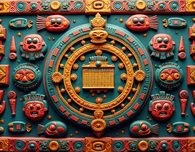 Aztec Calendar Artwork Intricate Symbols, Patterns. Brightly Colored ...