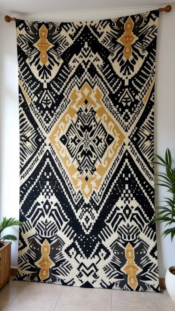Aztec-inspired Black and Gold Patterned Tapestry with Geometric Designs ...