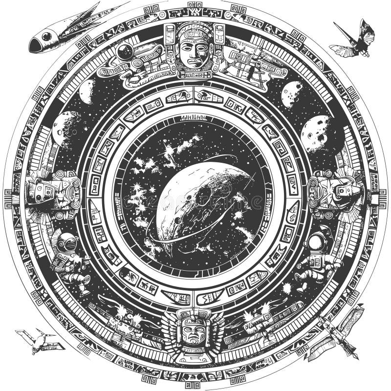 Cosmic Mayan Calendar: Astronauts and Planets in Space Stock Vector ...
