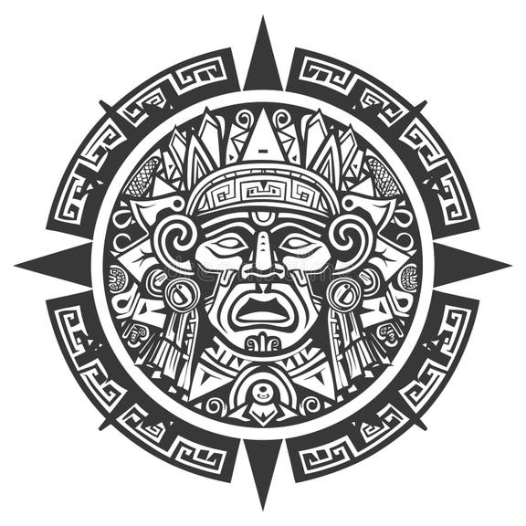 Intricate Aztec Mask Design in Circular Frame, Geometric Tribal Art ...