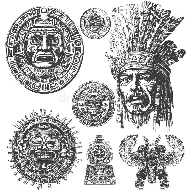 Collection of Aztec and Mayan Ancient Masks and Symbols Stock Vector ...