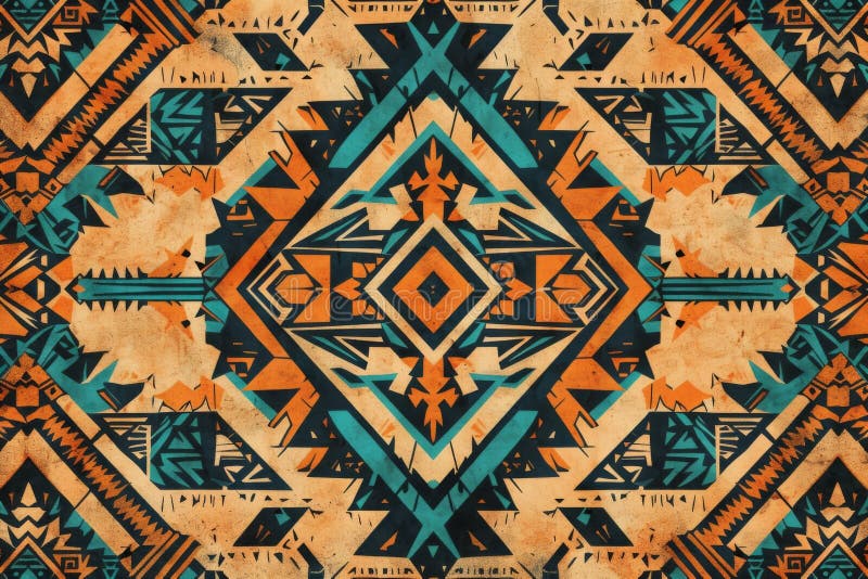 An Aztec Pattern in Brown, Orange and Teal Colors. the Pattern is in ...