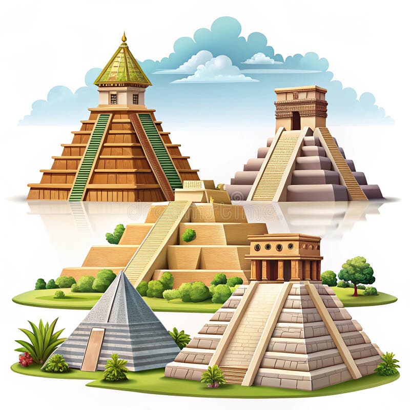 Aztec pyramids and statues stock illustration. Illustration of ...