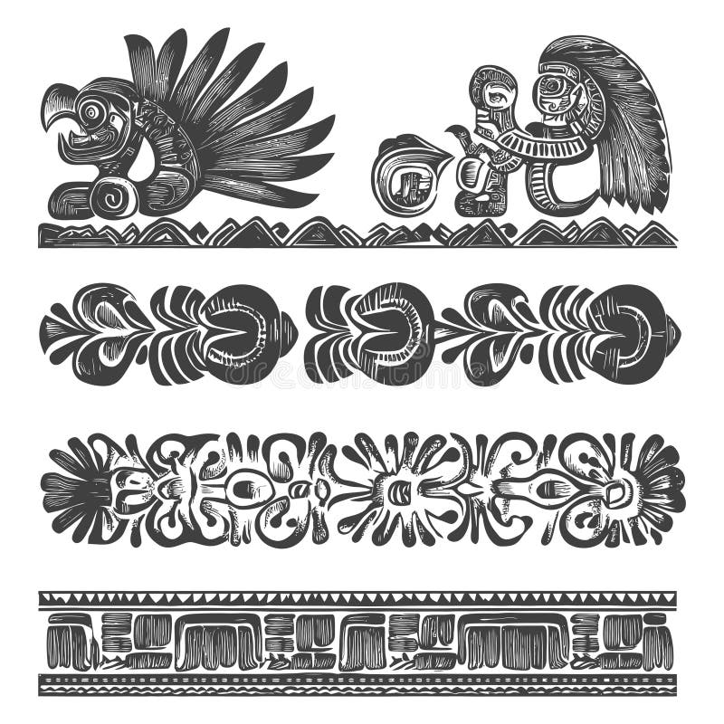 Ancient Aztec Style Bird and Serpent Glyphs, Intricate Ornamental ...