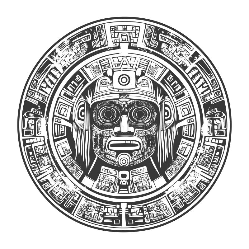 Intricate Aztec Mask Design in Circular Frame, Ancient Mayan Glyphs ...