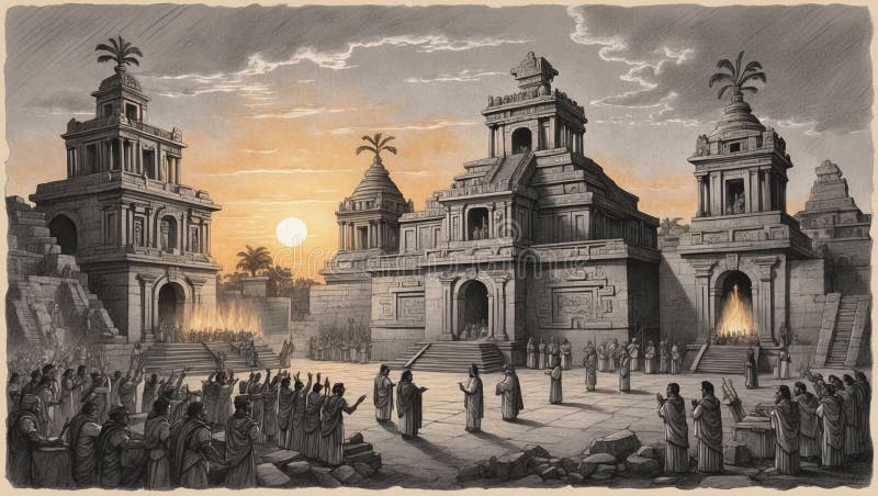 Aztec Temple Complex during Sacred Ceremony Priests and Worshippers ...