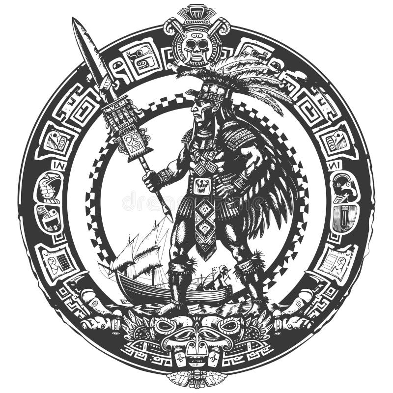 Powerful Aztec Warrior with Spear and Ceremonial Headdress in Circular ...