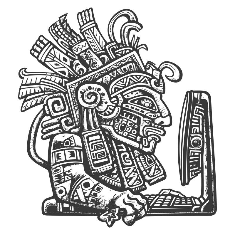 Aztec Warrior Using Computer: Digital Tribal Art Stock Vector ...