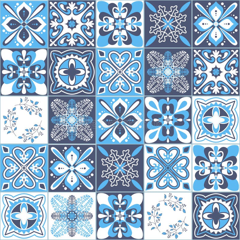 Azulejo Talavera Blue White Ceramic Tile Pattern, Vector Illustration ...