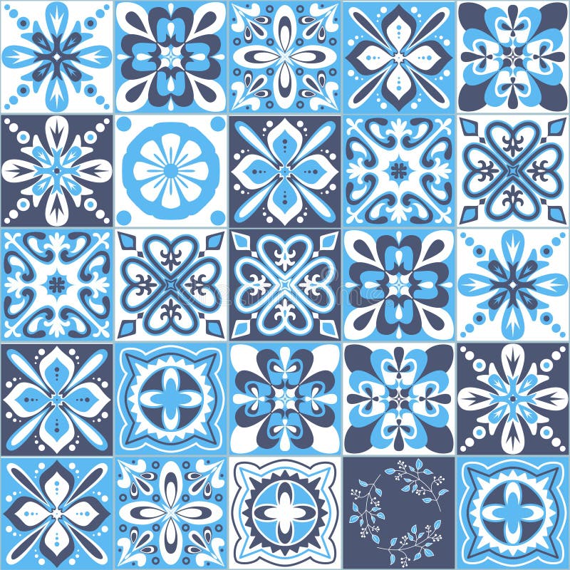 Azulejo Talavera Blue White Ceramic Tile Portuguese Pattern, Vector Illustration for Design ...