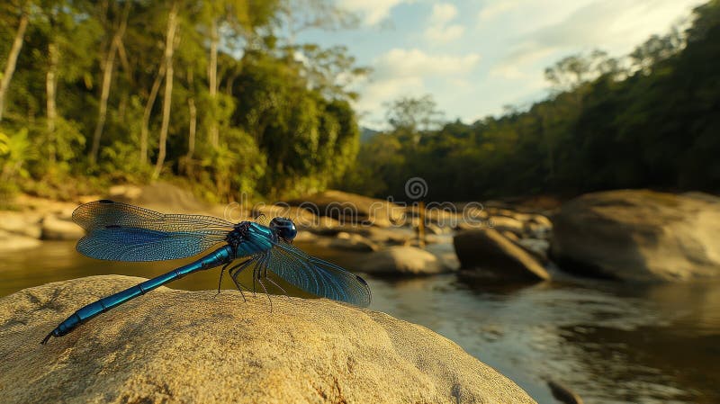Azure Dragonfly S Perch: Tranquil River Scene in Lush Forest Stock ...