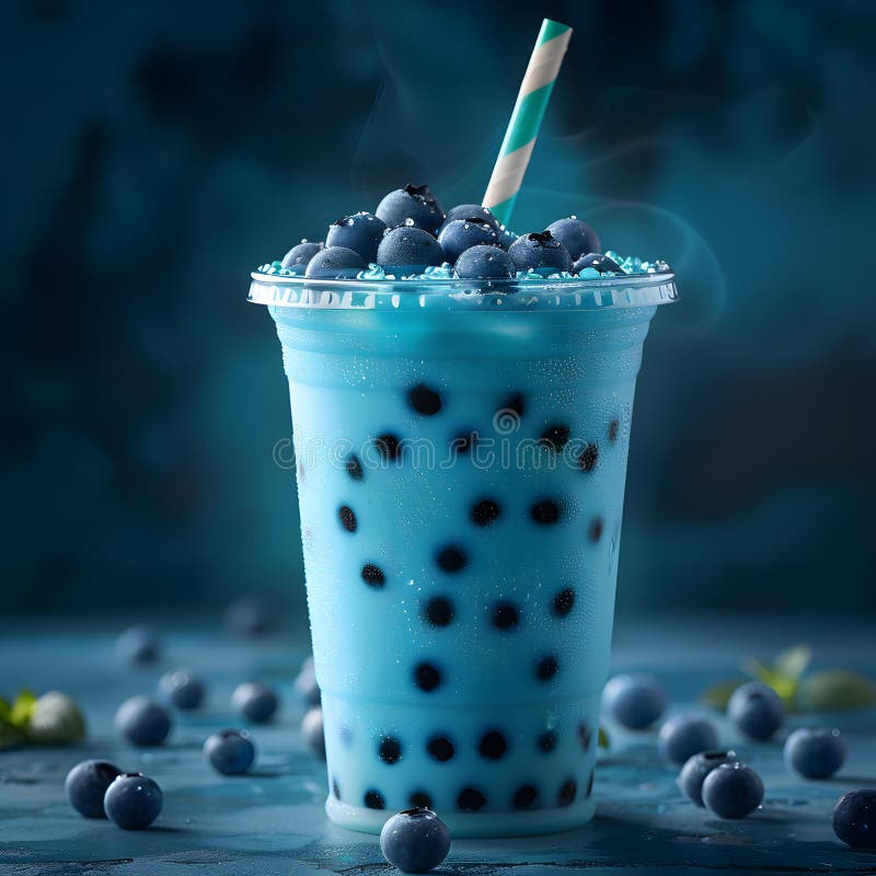 Azure Liquid with Bubbles, Blueberries in Cup with Straw Stock Image ...