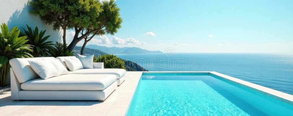 Azure Pool Water, Plush White Sofas Basking in Sunlight , Luxury, Blue ...