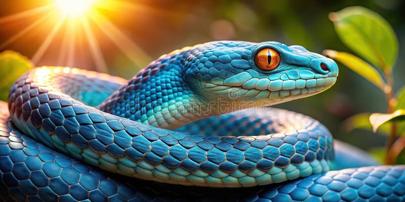 Azure Serpent Coiled in Golden Sunlight a Close-up of Scales and Eye ...