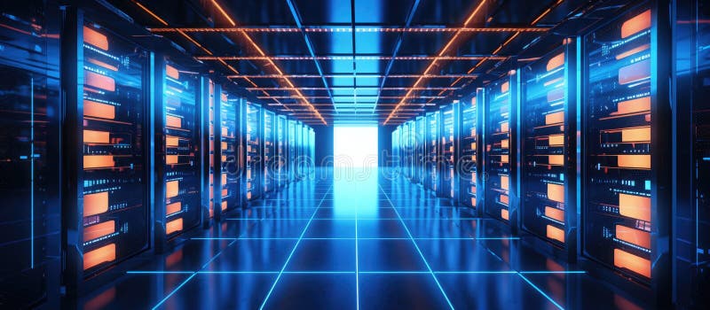 Azure Servers in Data Center Hallway with Electric Blue Light at End ...