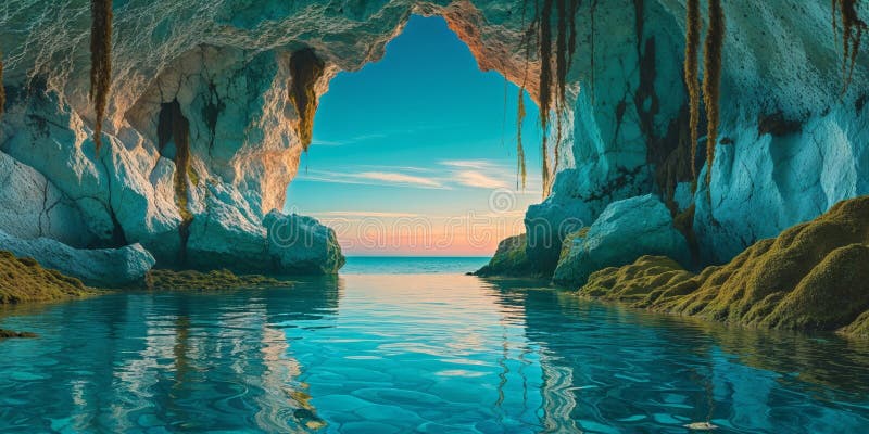 Azure Waters Reflecting a Serene Sky through a Rocky Cave Opening ...