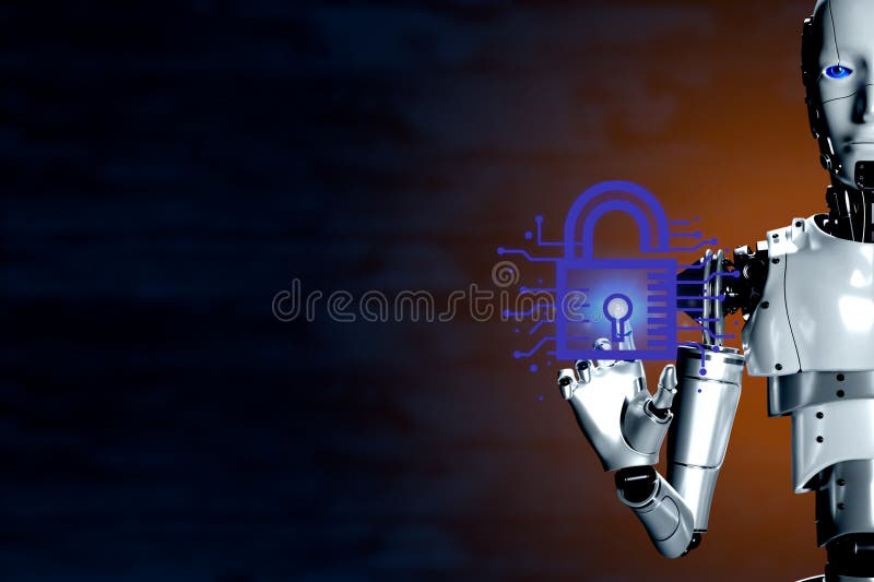 3D Robotic Hand Touching Unlocked Padlock Digital Icon Copy Space ...