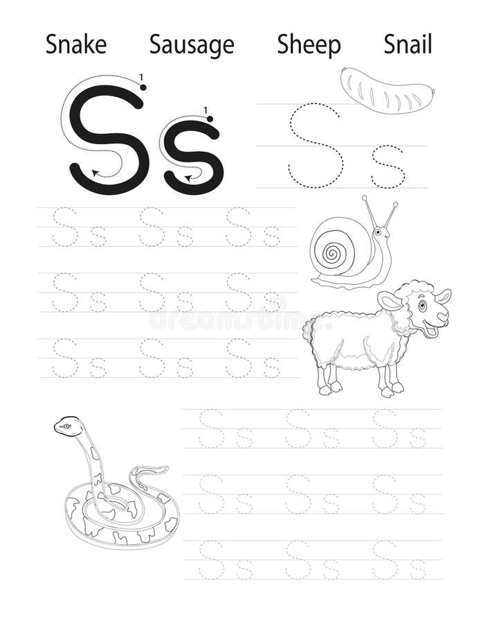 Letter S Tracing Activity Page with Cartoons in Black and White Stock ...