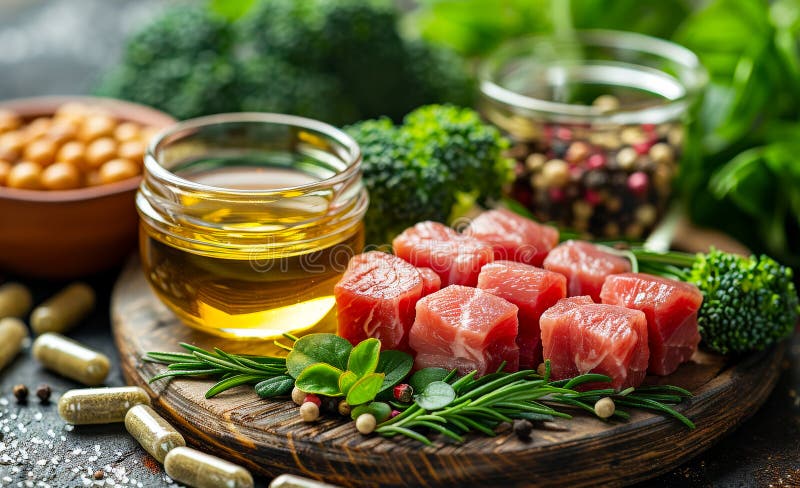 B12 Supplement Capsules Alongside Natural Sources of the Vitamin Stock ...