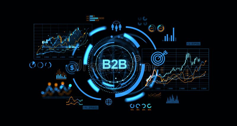 B2B Technology Interface with Data Visualizations and Icons. 3D ...