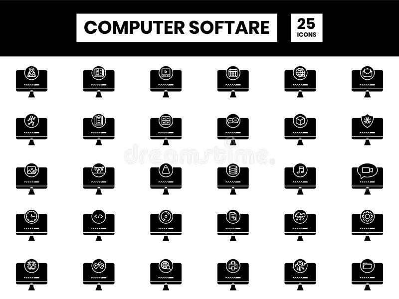 B&W Color Set of Computer Software Icons in Flat Stock Illustration ...