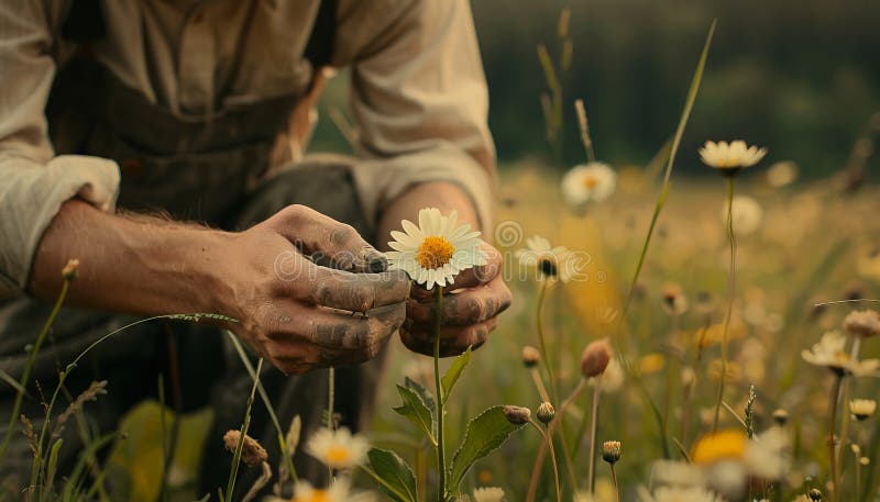 BA Man Working in a Meadow, Holding a Yellow Daisy Stock Illustration ...