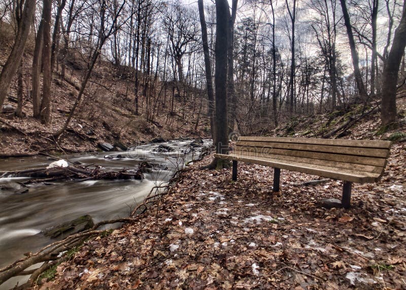 A babbling brook and bench stock photo. Image of babbling - 110404796