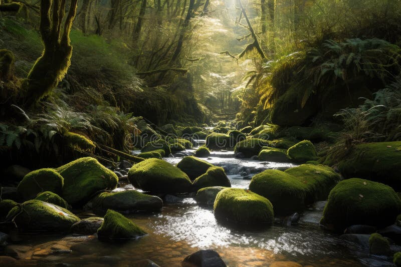Babbling Brook with Moss-covered Rocks and Sunlight Filtering through ...