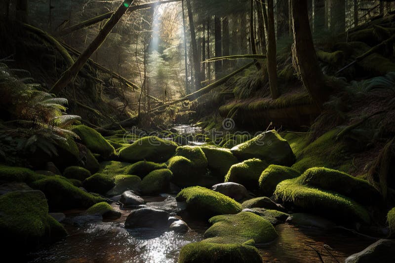 Babbling Brook with Moss-covered Rocks and Sunlight Filtering through ...