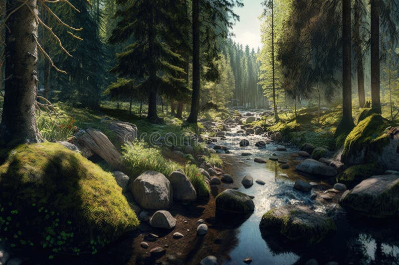 Babbling Brook and Towering Trees in Forest Panorama Stock Illustration - Illustration of ...