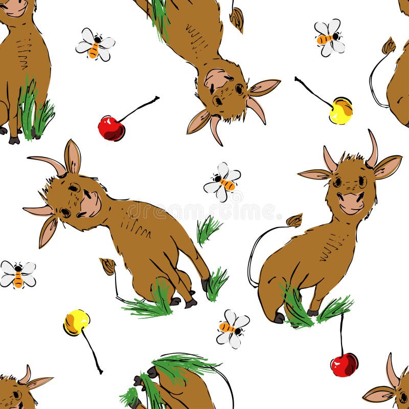 Babies Hand Draw Seamless Pattern with Cows,cherries and Bees Stock ...