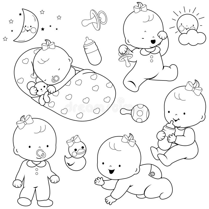 Babies Sleeping, Playing, Walking, Drinking Milk, and Crawling. Vector ...
