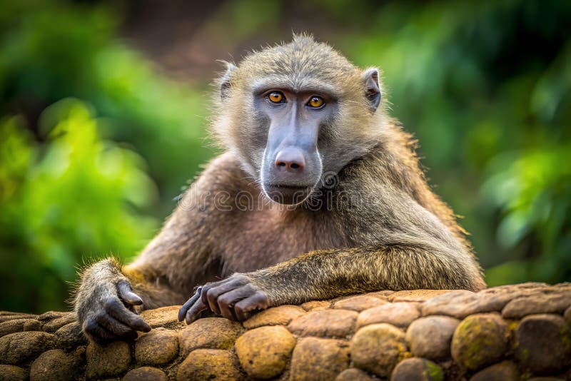 Baboon monkey rests bank stock illustration. Illustration of chimpanzee ...