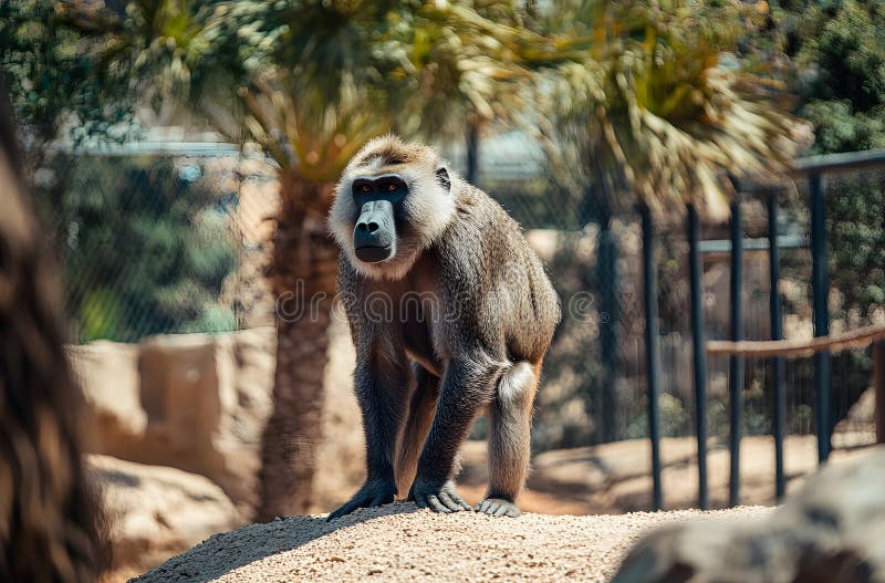 A Baboon Standing on a Rock in a Zoo Setting Stock Illustration ...