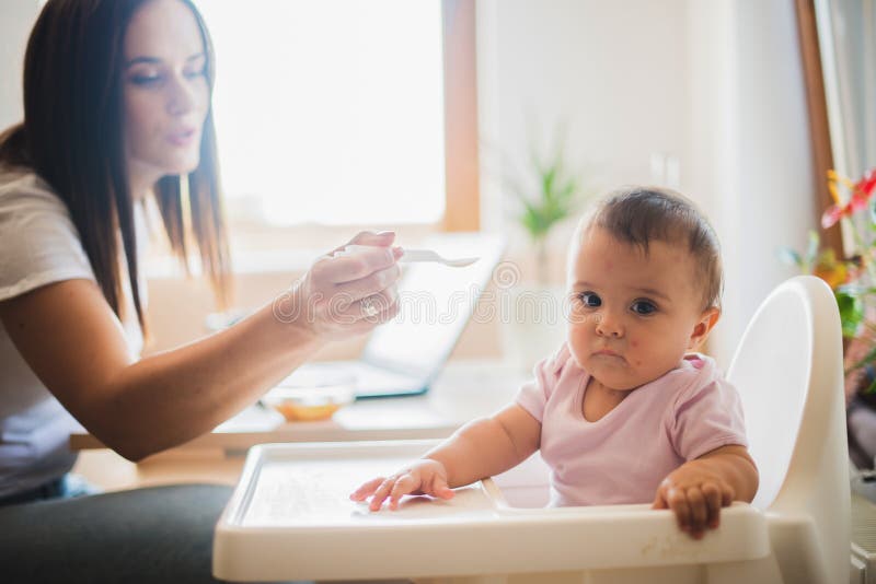 Baby Refuse To Eat Food and Crying Over Feeding Time Stock Image ...