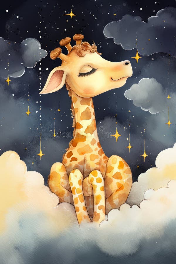 Giraffe Sleeping on a Cloud on a Starry Night Stock Illustration ...