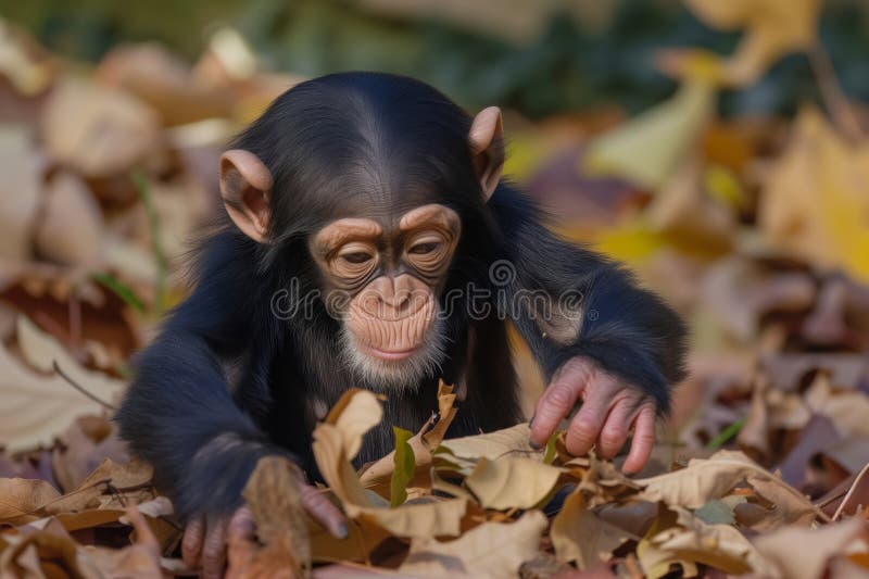 Baby Ape with Playful Expression Pulling Leaves Stock Image - Image of ...